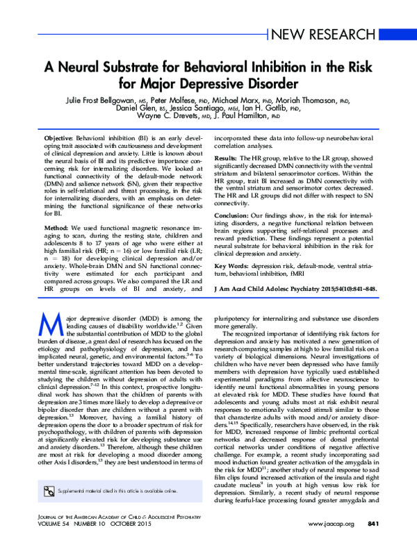 (PDF) A Neural Substrate for Behavioral Inhibition in the Risk for Major Depressive Disorder