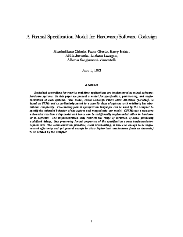 (PDF) A formal specification model for hardware/software codesign