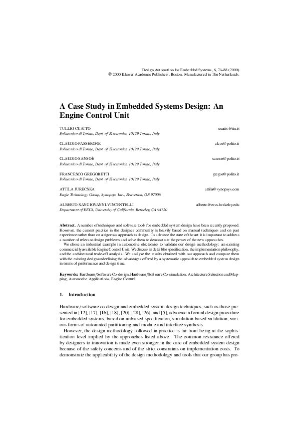 (PDF) Case study in embedded systems design: an engine control unit