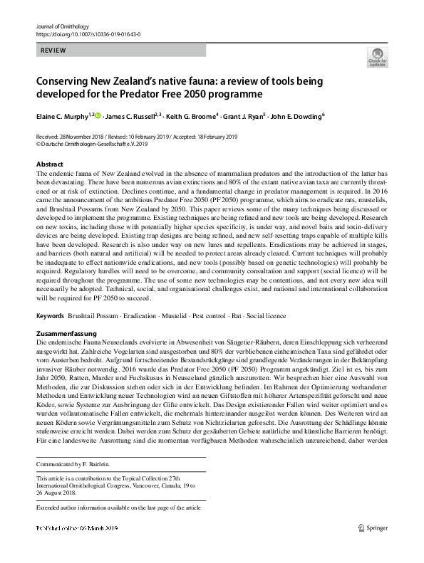 (PDF) Conserving New Zealand’s native fauna: a review of tools being developed for the Predator ...