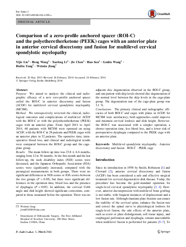 (PDF) Comparison of a zero-profile anchored spacer (ROI-C) and the ...