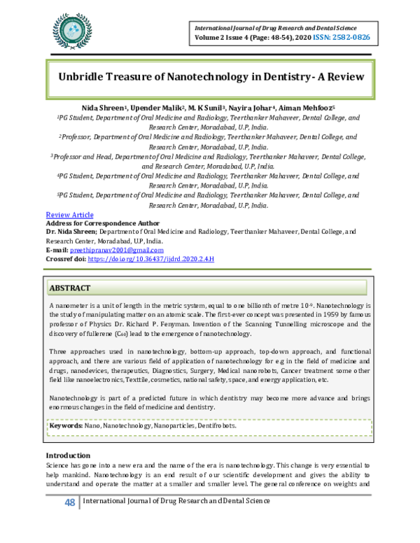 (PDF) Unbridle Treasure of Nanotechnology in Dentistry- A Review