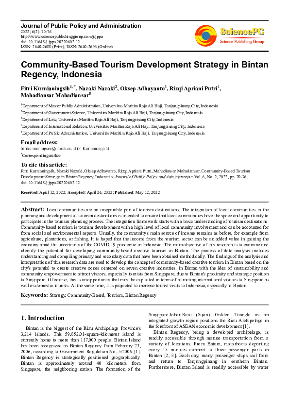 (PDF) Community-Based Tourism Development Strategy in Bintan Regency, Indonesia