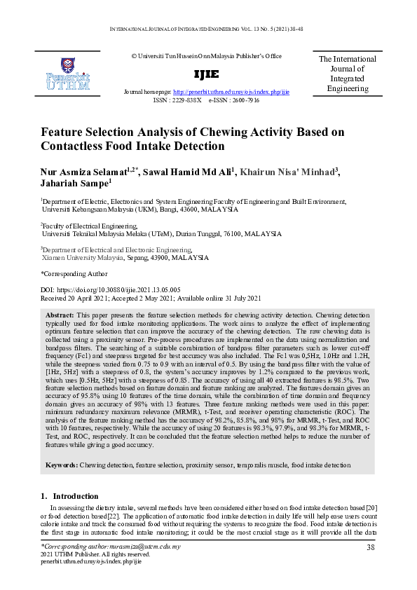 (PDF) Feature Selection Analysis of Chewing Activity Based on Contactless Food Intake Detection