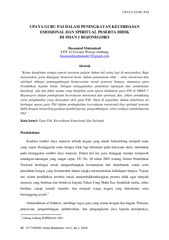 (PDF) Upaya Guru Pai Dalam Peningkatan Kecerdasan Emosional Dan Spiritual Peserta Didik DI Sman ...