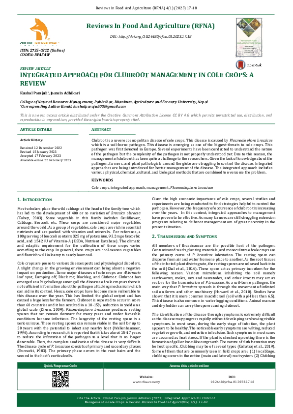 (PDF) INTEGRATED APPROACH FOR CLUBROOT MANAGEMENT IN COLE CROPS: A REVIEW