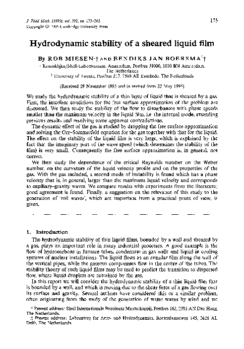 (PDF) Hydrodynamic stability of a sheared liquid film