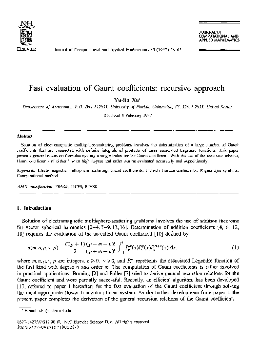 (PDF) Fast evaluation of Gaunt coefficients: recursive approach