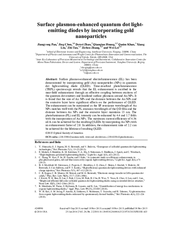 (PDF) Surface plasmon-enhanced quantum dot light-emitting diodes by incorporating gold nanoparticles
