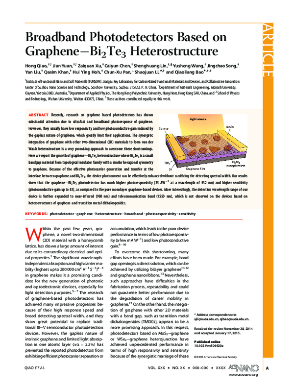 (PDF) Broadband Photodetectors Based on Graphene-Bi2Te3 Heterostructure