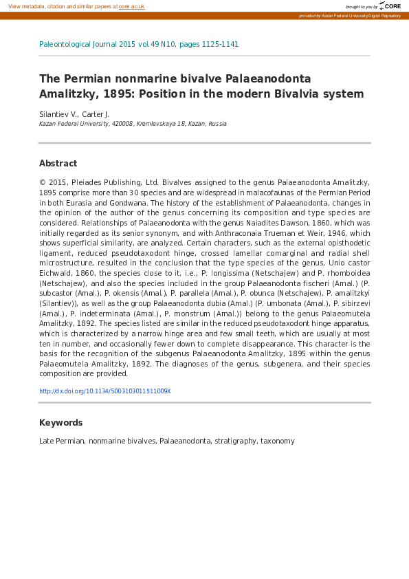 (PDF) The Permian nonmarine bivalve Palaeanodonta Amalitzky, 1895 ...