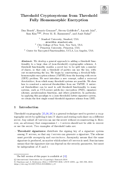 (PDF) Threshold Cryptosystems from Threshold Fully Homomorphic Encryption