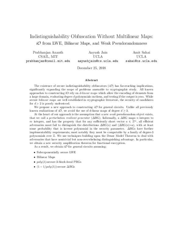(PDF) Indistinguishability Obfuscation Without Multilinear Maps: iO ...