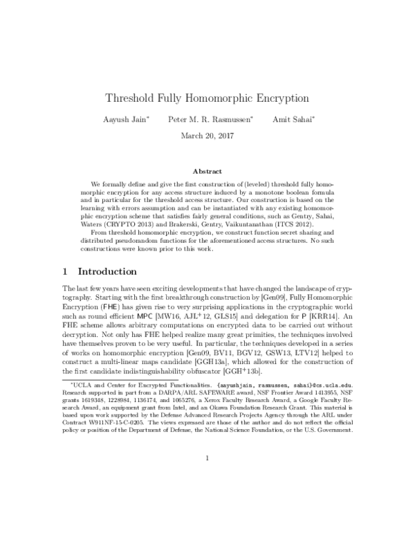 (PDF) Threshold Fully Homomorphic Encryption