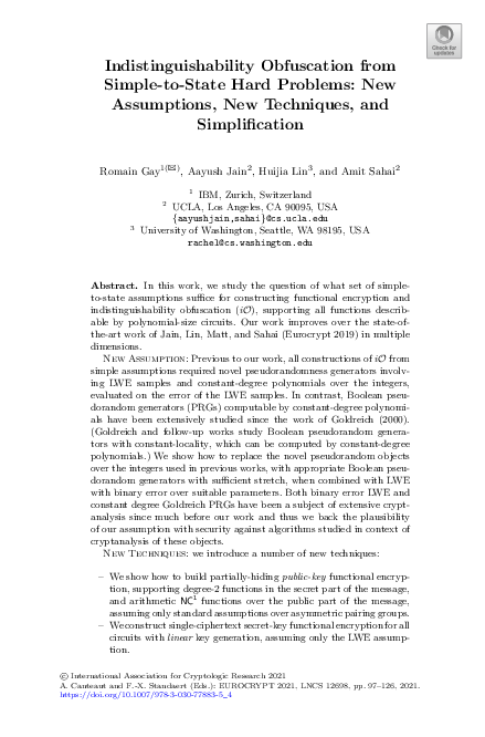 (PDF) Indistinguishability Obfuscation from Simple-to-State Hard ...