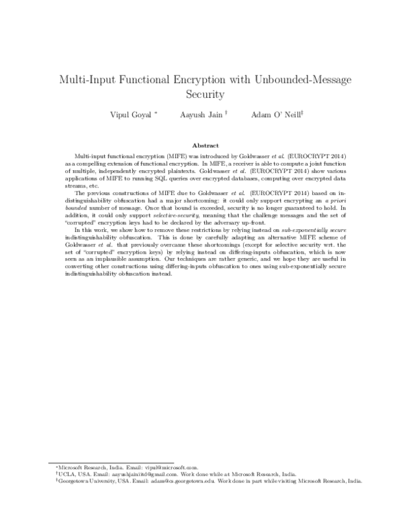 Pdf Multi Input Functional Encryption With Unbounded Message Security