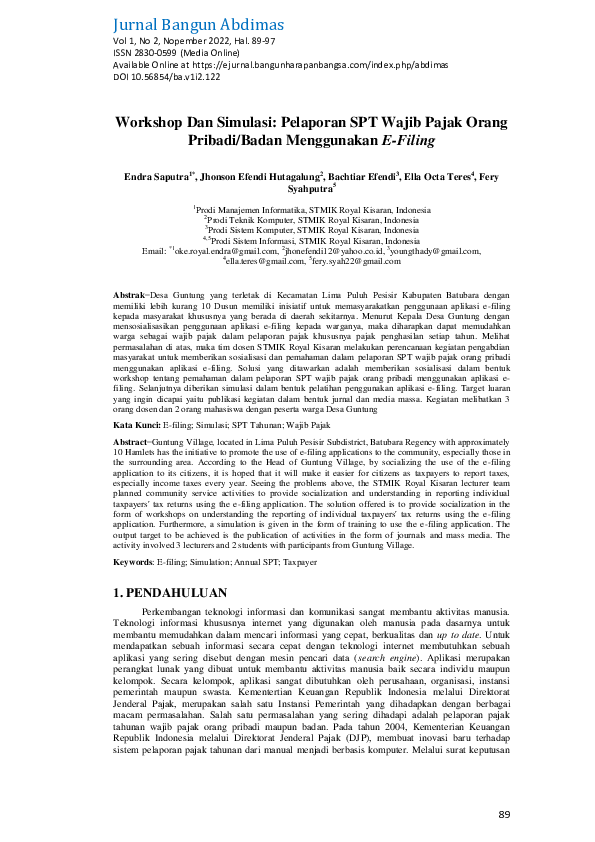 (PDF) Workshop Dan Simulasi: Pelaporan SPT Wajib Pajak Orang Pribadi/Badan Menggunakan E-Filing
