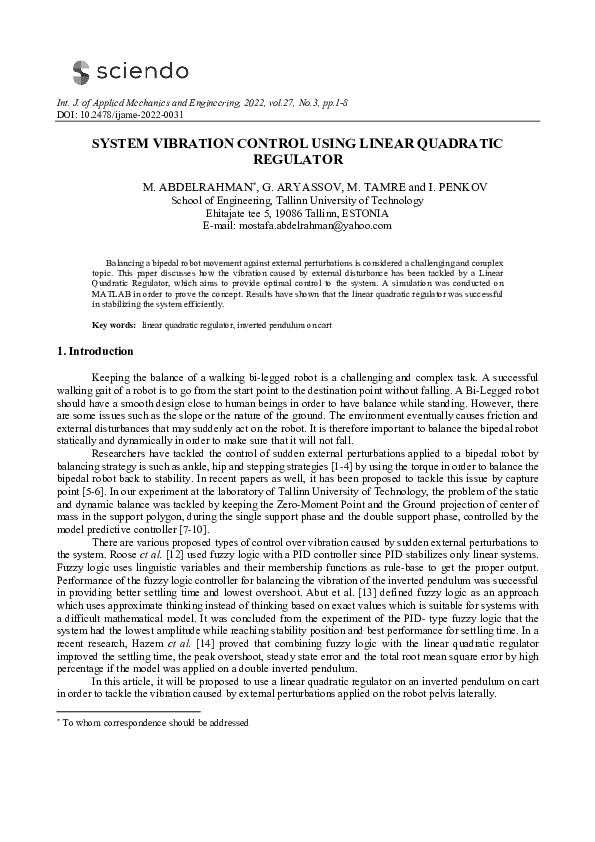 (PDF) System Vibration Control Using Linear Quadratic Regulator