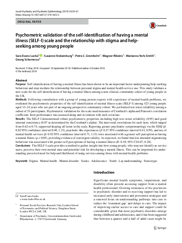 (PDF) Psychometric validation of the self-identification of having a mental illness (SELF-I ...