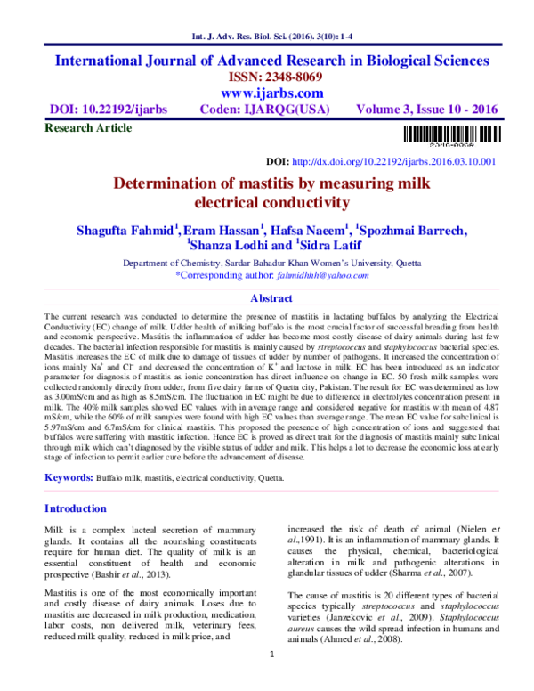 (PDF) Determination of mastitis by measuring milk electrical conductivity