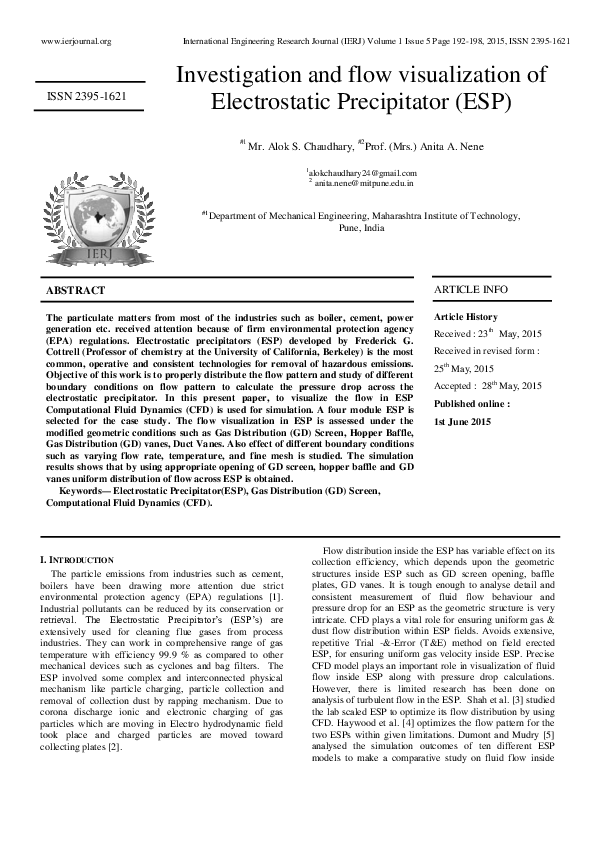 (PDF) Investigation and flow visualization of Electrostatic Precipitator
