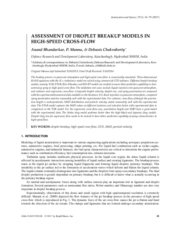 (PDF) Assessment of Droplet Breakup Models in High-Speed Cross-Flow