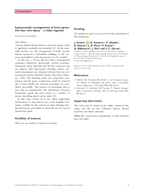 (PDF) Laparoscopic management of intra‐operative iliac vein injury – a ...