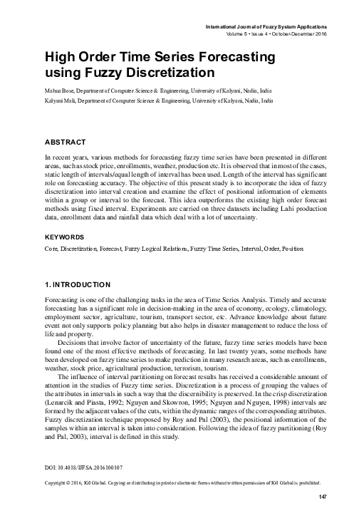 Pdf High Order Time Series Forecasting Using Fuzzy Discretization
