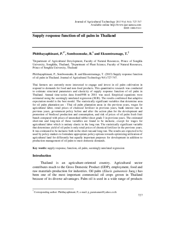 (PDF) Supply response function of oil palm in Thailand