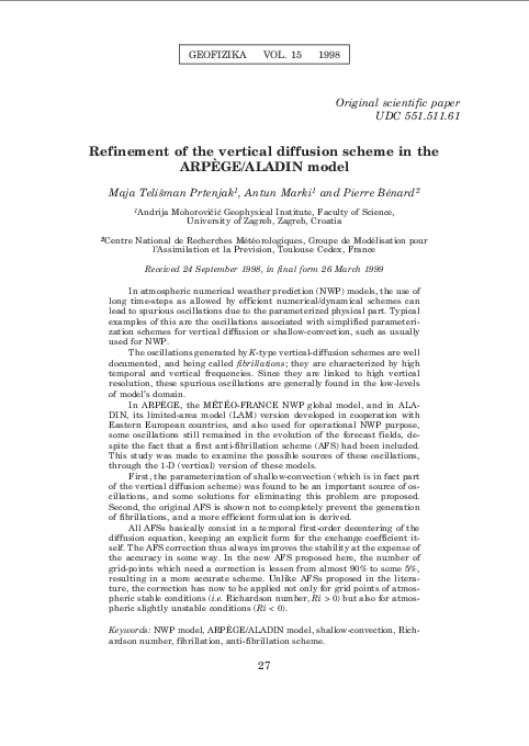 (PDF) Refinement of the vertical diffusion scheme in the ARPÈGE/ALADIN model | Antun Marki ...