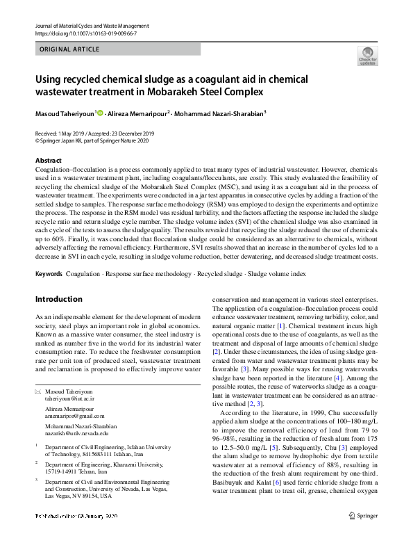 (PDF) Using recycled chemical sludge as a coagulant aid in chemical ...