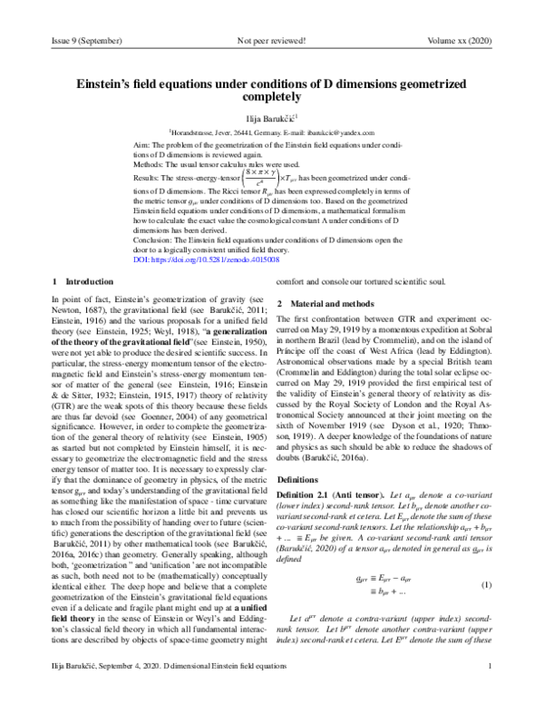 (PDF) Einstein's field equations under conditions of D dimensions geometrized completely | Ilija ...