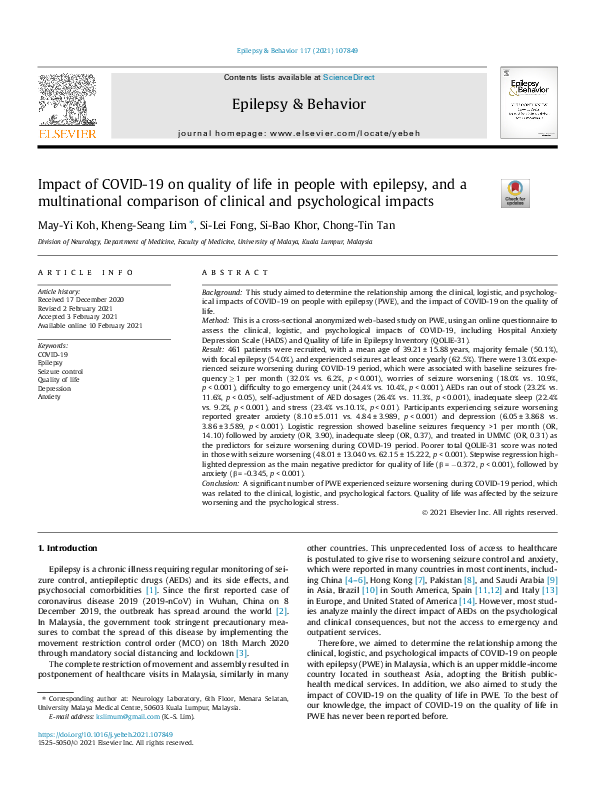 (PDF) Impact of COVID-19 on quality of life in people with epilepsy ...