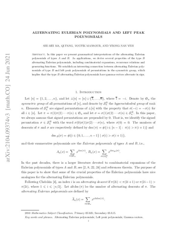 Pdf Alternating Eulerian Polynomials And Left Peak Polynomials