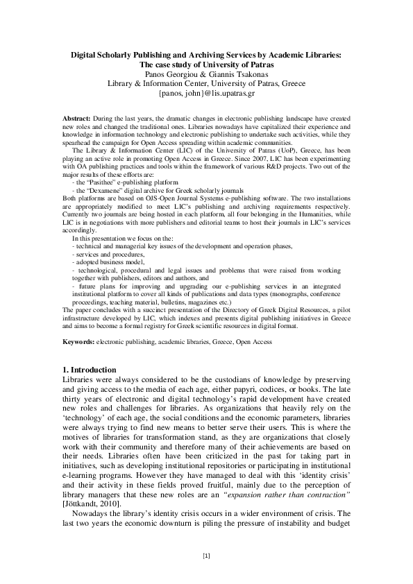 (PDF) Digital Scholarly Publishing and Archiving Services by Academic Libraries: Case Study of ...