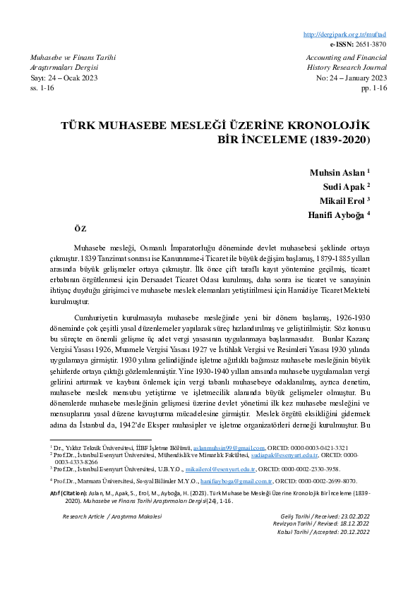 (PDF) Türk Muhasebe Mesleği Üzerine Kronolojik Bir İnceleme(1839 2020)[#1077819]