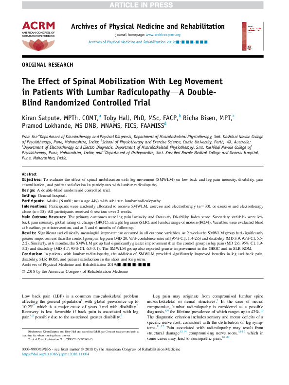Pdf The Effect Of Spinal Mobilization With Leg Movement In Patients