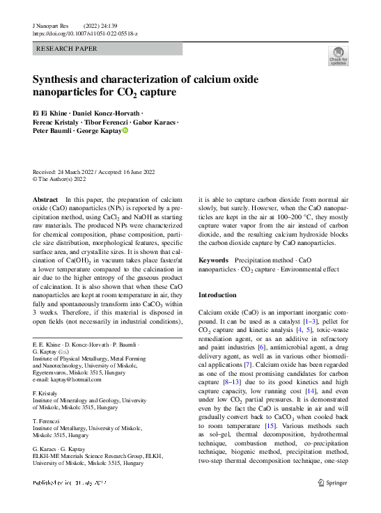 (PDF) Synthesis and characterization of calcium oxide nanoparticles for CO2 capture