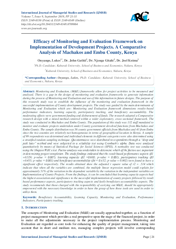 Pdf Efficacy Of Monitoring And Evaluation Framework On Implementation Of Development Projects