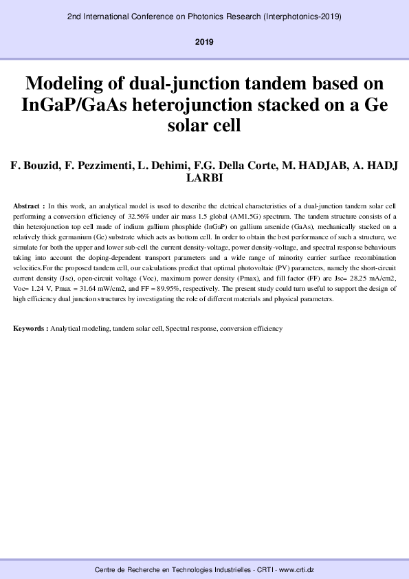 (PDF) Modeling of dual-junction tandem based on InGaP/GaAs heterojunction stacked on a Ge solar cell