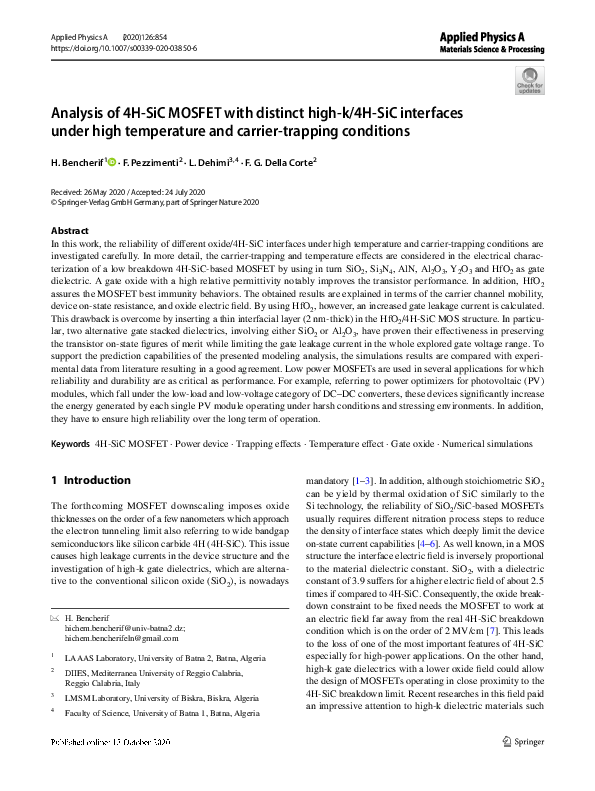 (PDF) Analysis of 4H-SiC MOSFET with distinct high-k/4H-SiC interfaces under high temperature ...