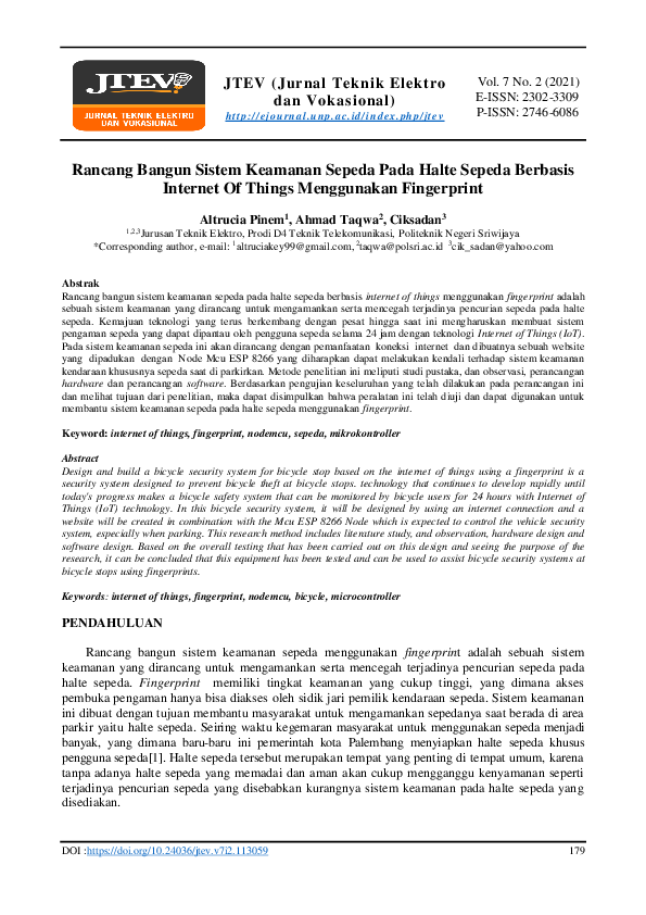 Pdf Rancang Bangun Sistem Keamanan Sepeda Pada Halte Sepeda Berbasis Internet Of Things