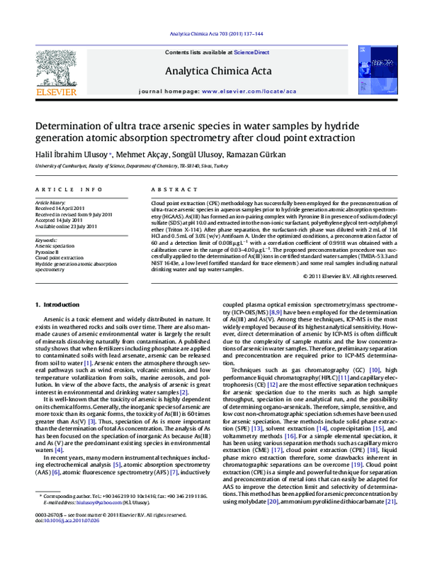 Pdf Determination Of Ultra Trace Arsenic Species In Water Samples By Hydride Generation Atomic
