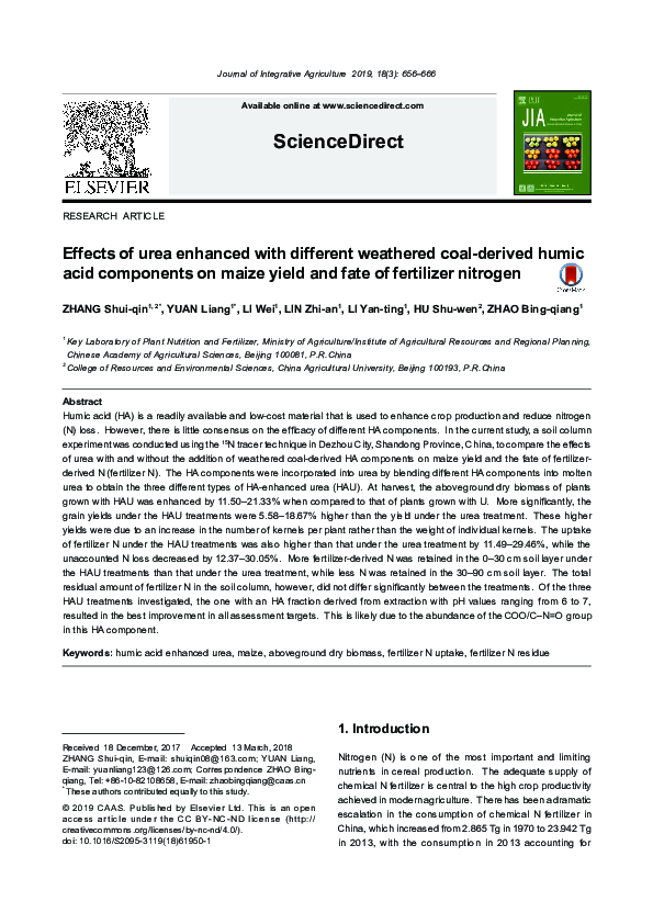 (PDF) Effects of urea enhanced with different weathered coal-derived ...