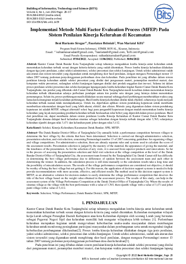 (PDF) Implementasi Metode Multi Factor Evaluation Process (MFEP) Pada Sistem Penilaian Kinerja ...