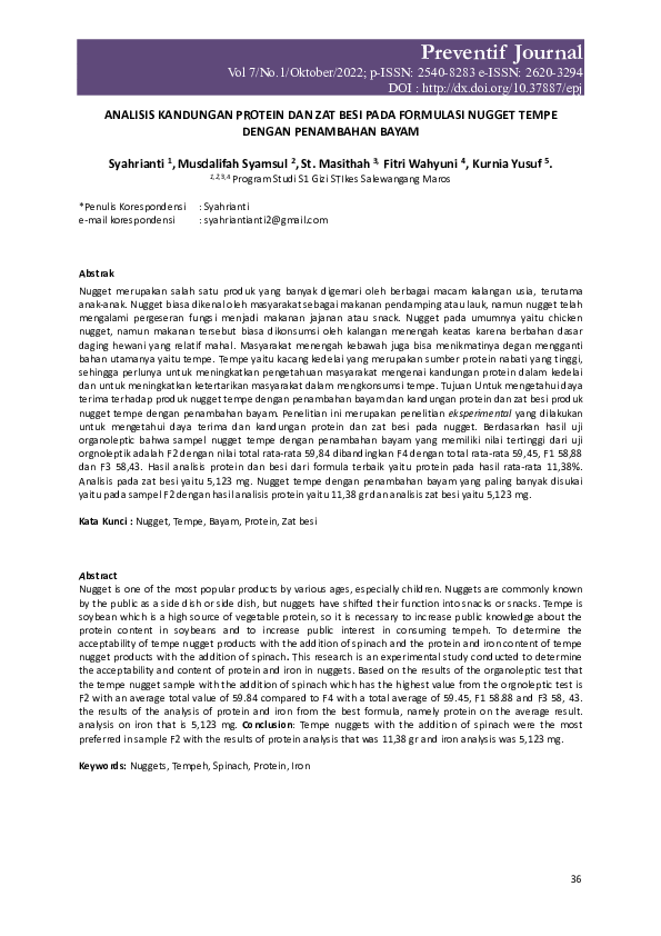 (PDF) Analisis Kandungan Protein Dan Zat Besi Pada Formulasi Nugget Tempe Dengan Penambahan Bayam