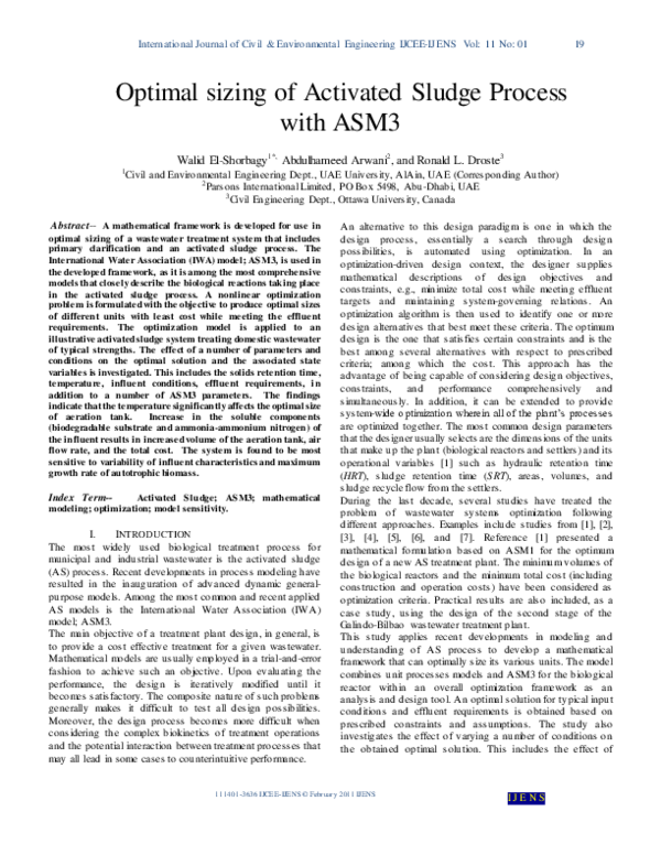 (PDF) Optimal Sizing of Activated Sludge Process with ASM3