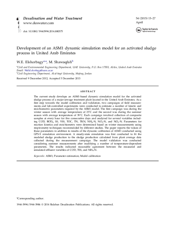 (PDF) Development of an ASM1 dynamic simulation model for an activated ...