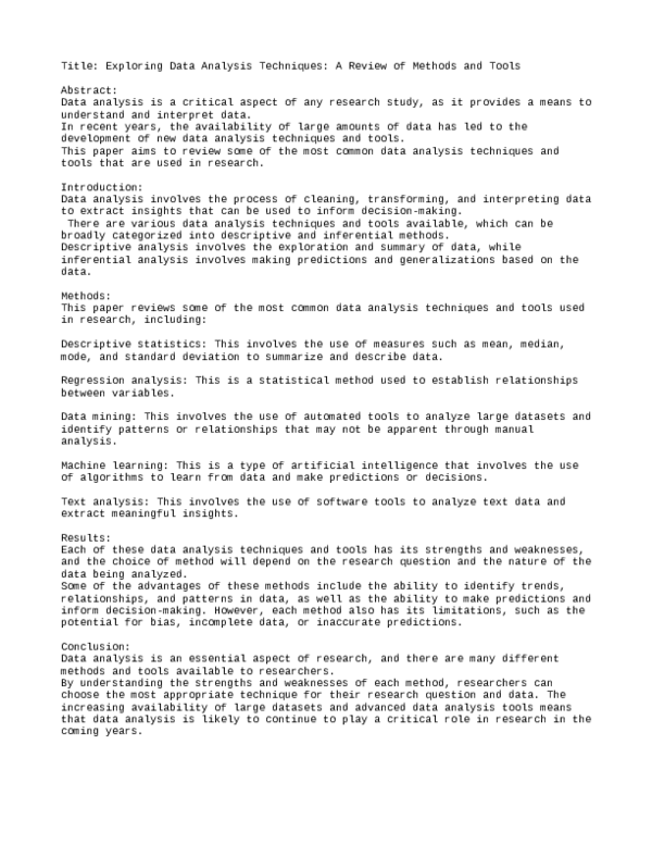 Title: Exploring Data Analysis Techniques: A Review of Methods and Tools