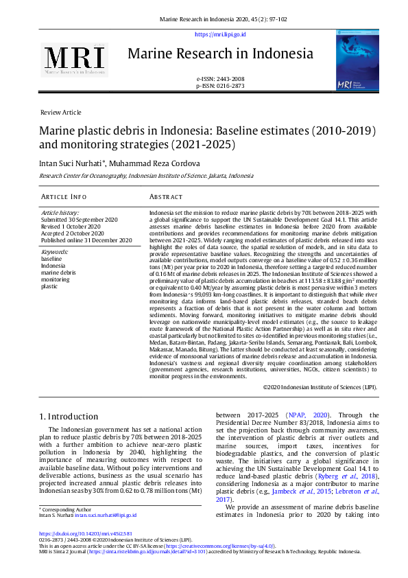 (PDF) Marine plastic debris in Indonesia: Baseline estimates (2010-2019 ...